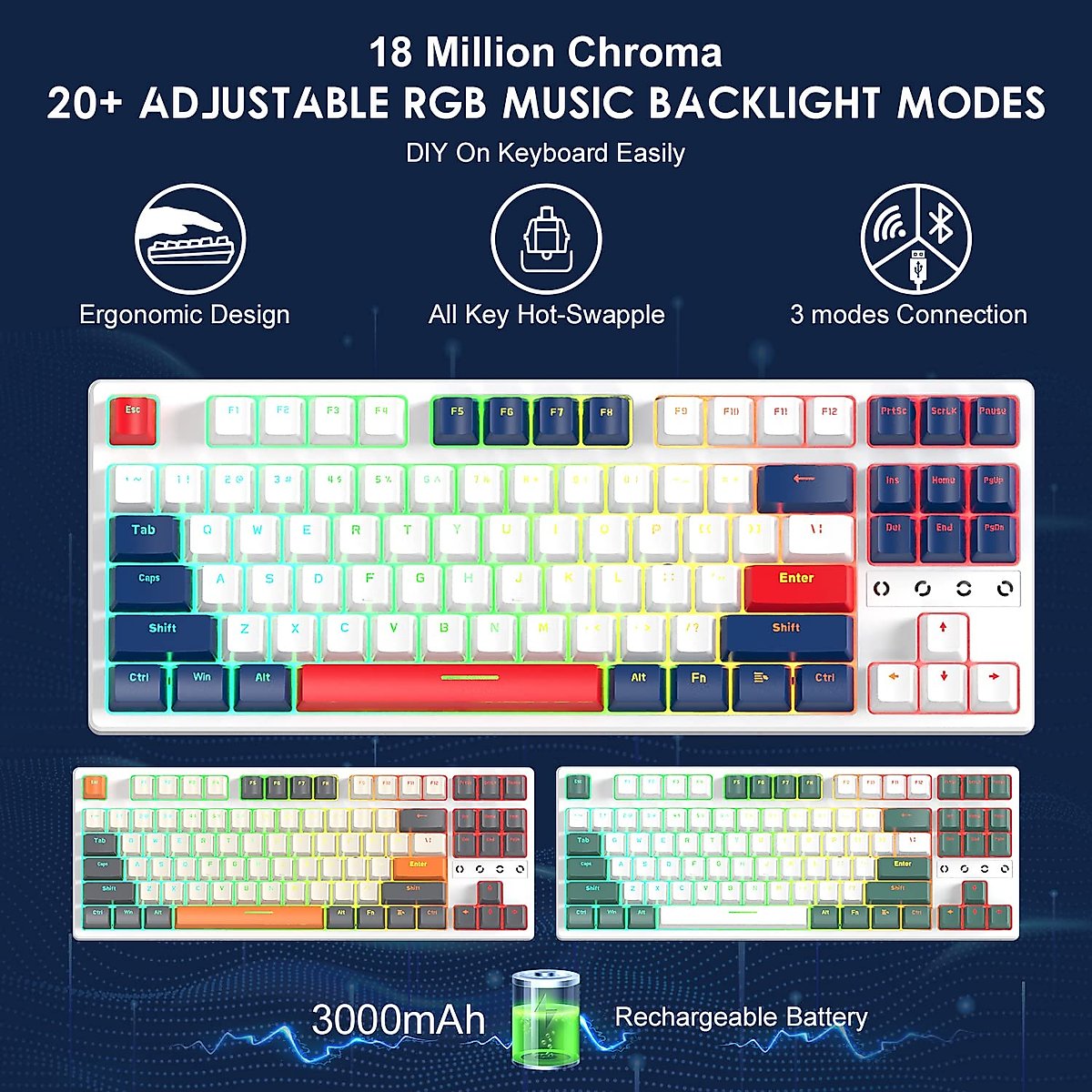 Wireless Gaming Keyboard and Custom Coiled USB C Cable,Triple Mode 2.4GHz/BT 5.0/USB-C,TKL Hot Swappable Mechanical Keyboard Yellow Switches,Rechargeable 3000mAh for PC PS5 PS4 Xbox-2 in 1 Kit