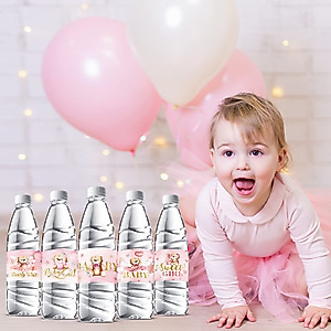 Clabby 39 Pieces Baby Shower Water Bottle Labels Shower Water Bottle Stickers Wrappers Waterproof Baby Shower Labels for Baby Shower Party Decoration (Pink)