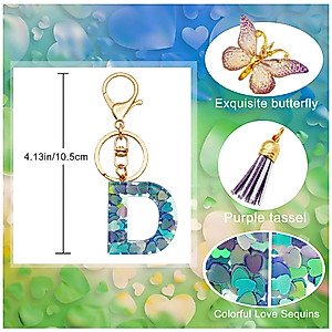 TTYY Initial Letter Keychains for Girls Women Pink Purple Green Cute Butterfly Heart Keychain for Backpack School Bag (purple heart Letter D)