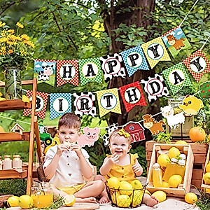 WERNNSAI Farm Animals Birthday Banner - Happy Birthday Banner with Tractor Barnyard Bunting Garland for Kids Boys Girls Farm Theme Party Decorations Supplies