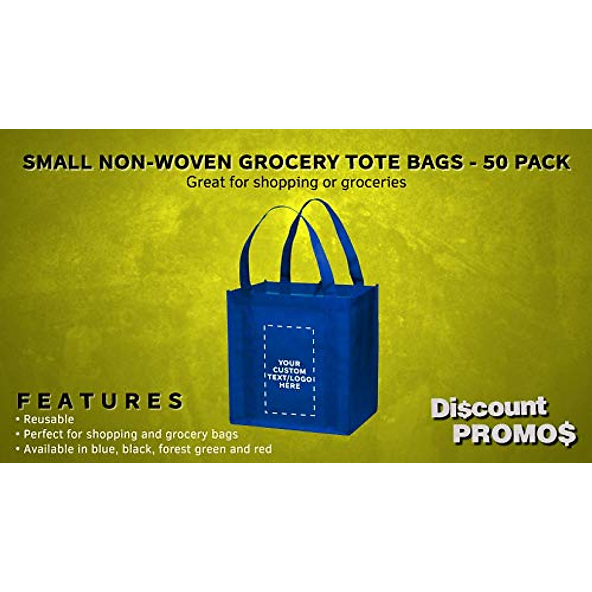 DISCOUNT PROMOS Custom Reusable Grocery Tote Bag for Shopping - 50 Pack - Personalized Logo, Text -Small Foldable Bags – Blue