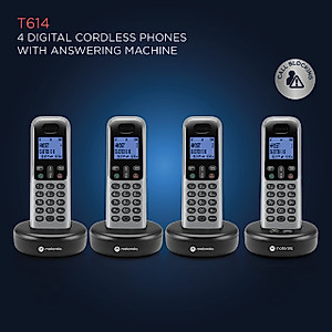 Motorola Voice Cordless Phone System w/ 4 Digital Handsets + Answering Machine, Remote Access, Call Block - Dark Grey (T614)