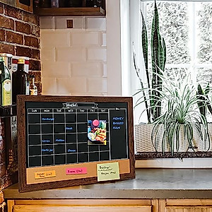 4 THOUGHT Chalkboard Calendar Corkboard Combo, 12" x 16" Small Bulletin Board Magnetic Calendar Chalkboard for Wall Combination Board Monthly Planner Rustic Brown Frame 1 Markers 6 Magnets 4 Pushpins