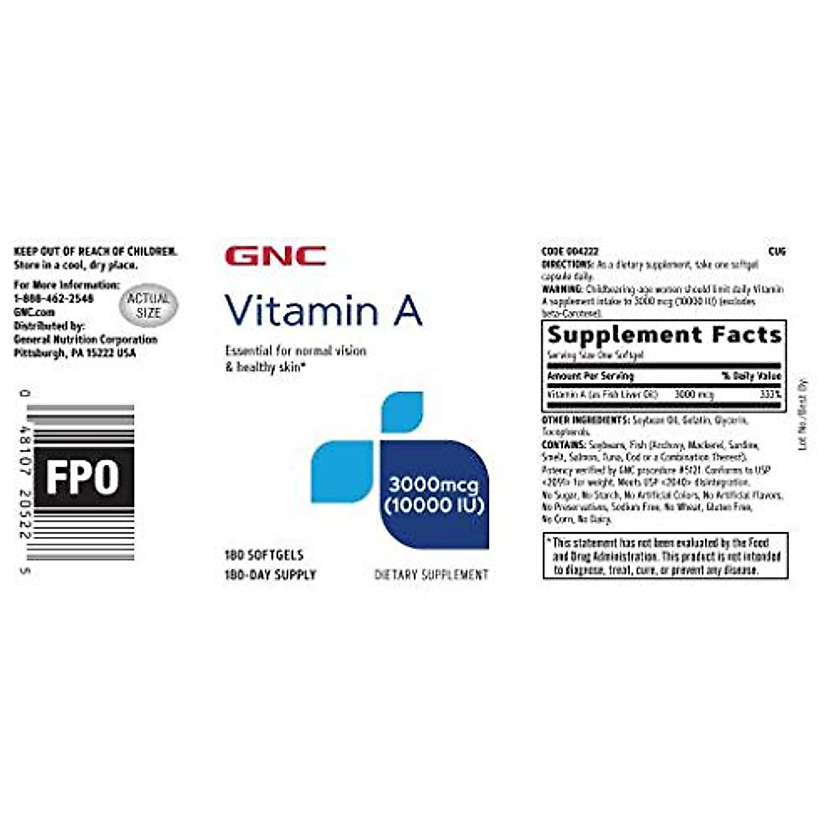 GNC Vitamin A 3000mcg (10000IU), 180 Softgels, Promotes Normal Vision and Healthy Skin