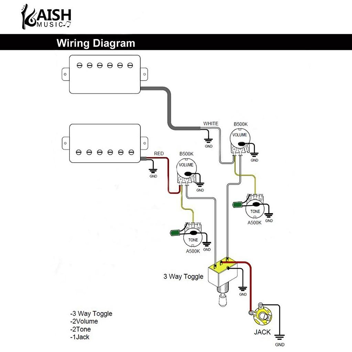 Guitar Prewired Wiring Harness Humbucker Solderless Wiring Harness 2V2T with 500K Pots and 3 Way Toggle Switch for LP Standard Series