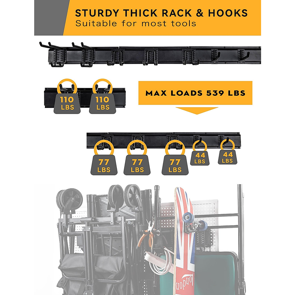 Garage Tool Organizer Wall Mount 48 Inches Max Load 539lbs ，Garage Storage, Garage Organization, Adjustable with 7 Heavy Duty Hooks and 4 Cable Ties, Yard Tools holder and Power Tool Organizer Rack