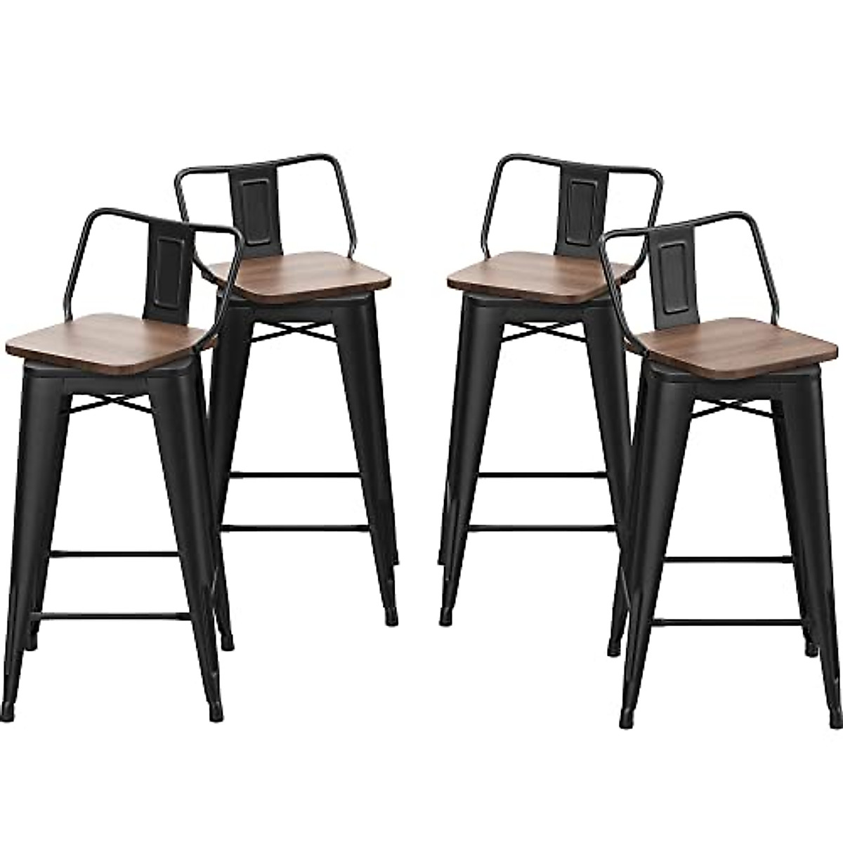 Changjie Furniture Swivel Metal Bar Stools Kitchen Counter Height Stools Industrial Barstools Set of 4 (Swivel 24 inch,Matte Black Wooden)
