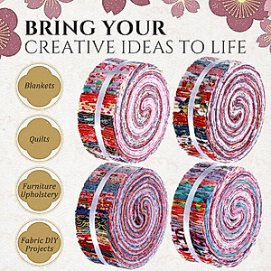 SmoothNovelty 160 Pcs 4 Roll Fabric Strips Assorted Quilting Fabric for Quilting Crafting and Sewing Rolled Cotton for Crafts Blanket Rug Upholstery and Purse Making (Japanese Style)