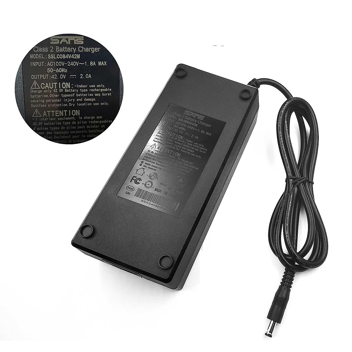 SANS 36V Lithium Battery Charger Output 42V 2A for Electric Bike Scooter Wheel Batteries (DC2.1 Connector(5.5X2.1 mm))
