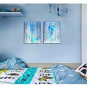 USIXA Mermaid Wall Decor for Bathroom and Girls Room with Set of 2 Panels, Blue Jellyfish Canvas Artwork 12x16 Inches in Wooden Frame