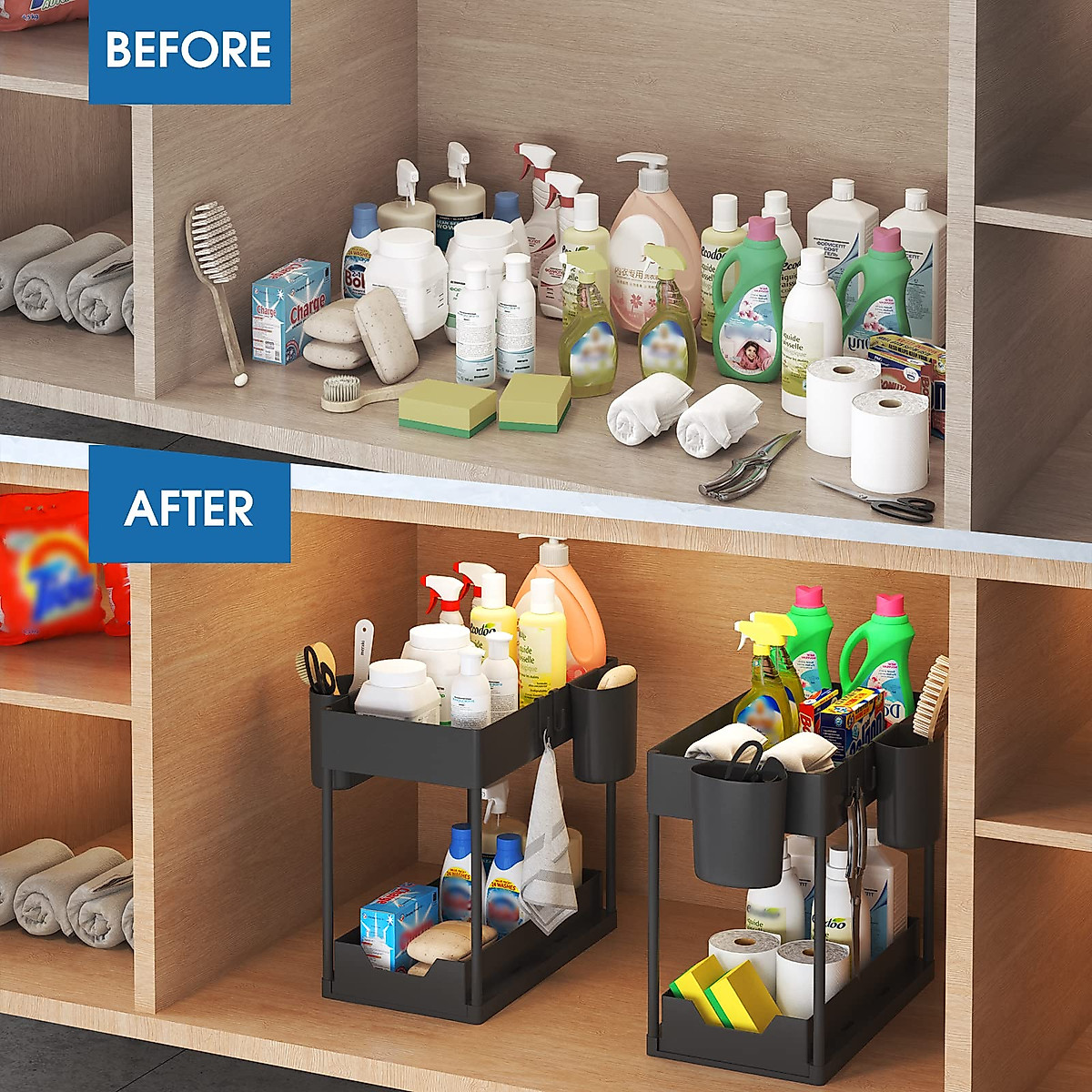 TYNIOPO Under Sink Organizers and Storage, 2-Tier Under Bathroom Cabinet Storage with Sliding Basket, Multi-purpose Storage Rack for Bathroom Kitchen Countertop Cabinet