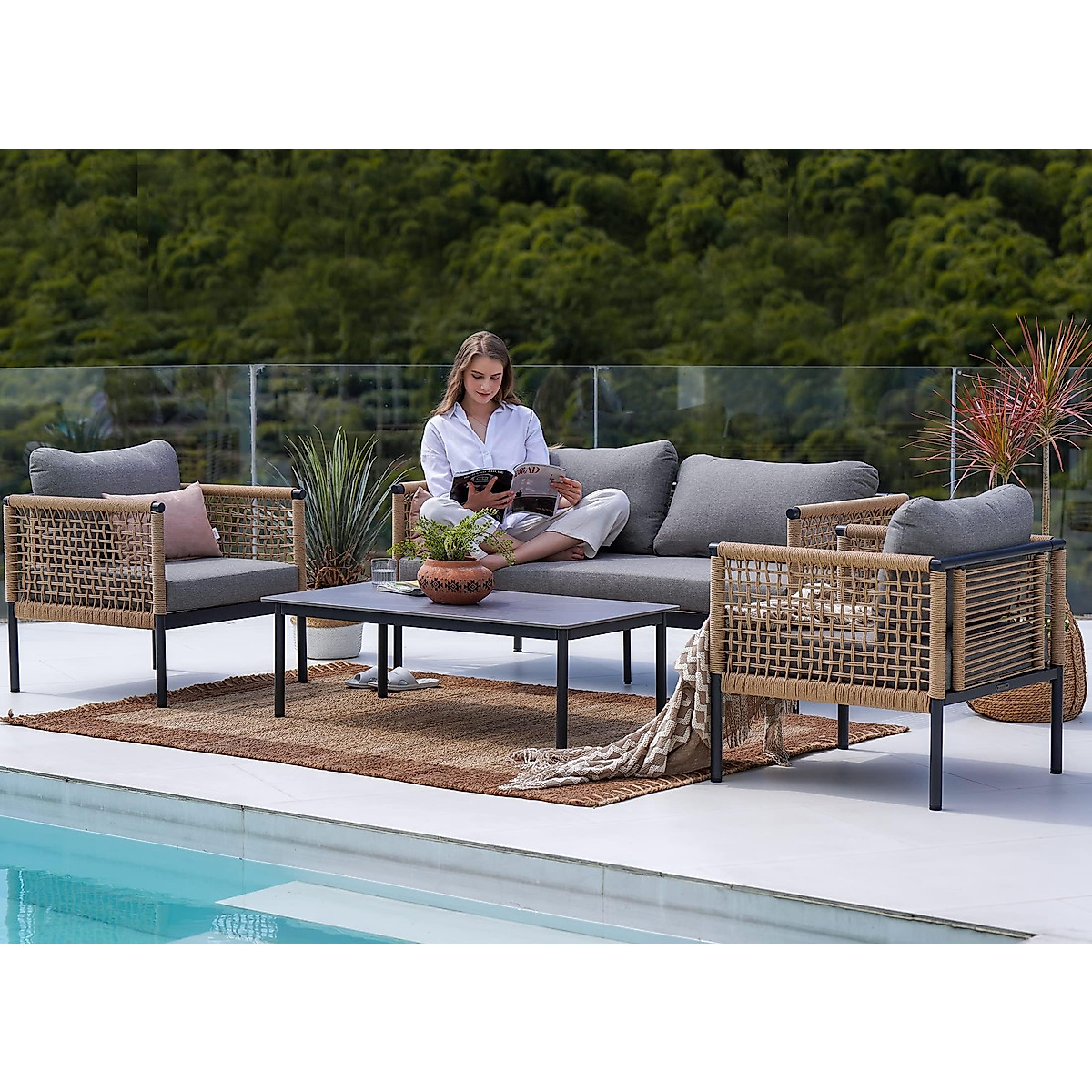 Grand patio Outdoor 4-Piece Conversation Set Rust Free Patio Furniture Set Open-Weave Wicker Olefin Modern Sofa Seating for Garden, Backyard, Balcony, Gray