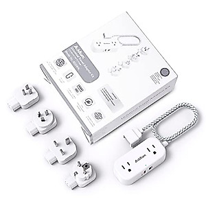 Addtam Universal Travel Adapter, Power Strip with International Plug Adapter, 2 AC Outlet and 2 USB Ports(1 USB-C PD 20W), Essentials for US EU UK AU White