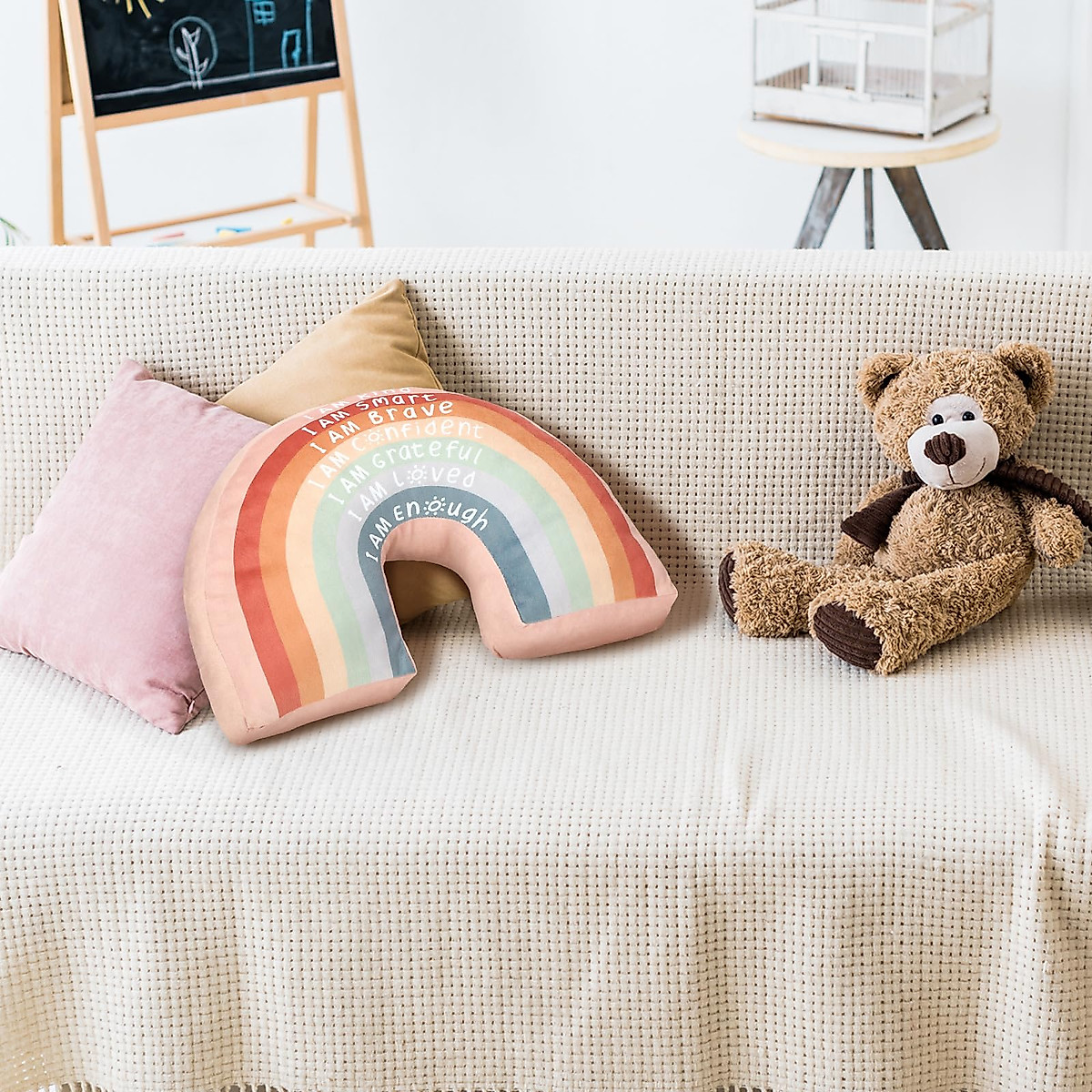 Menkxi Rainbow Throw Pillow Boho Classroom Reading Corner Throw Pillow for Girls Kids Book Center Daily Affirmations Pillow Cushion Arch Shaped Motivational Home Bedroom Playroom Decor(Classic)