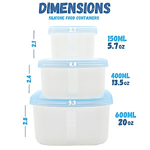Bite&Eat Silicone Food Storage Containers | BPA Free, Airtight, Dishwasher, and Freezer Safe with Lids | Air Vent Nesting Containers Safe for Microwave | Set of 3 (5.7oz, 10oz, 20oz) - Blue/Clear