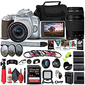 Canon EOS 250D / Rebel SL3 DSLR Camera with 18-55mm Lens (Silver) (3461C001) + Canon EF 75-300mm f/4-5.6 III Lens (6473A003) + 64GB Memory Card + Color Filter Kit + Filter Kit + More (Renewed)