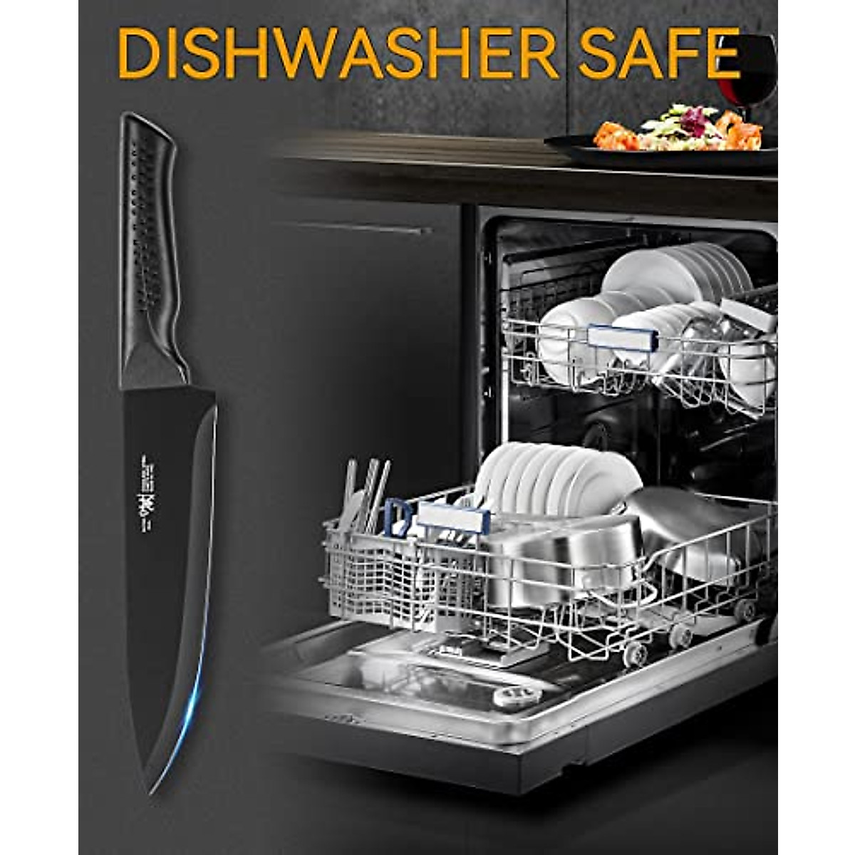 knife set, Dishwasher Safe Kitchen Knife Set with Block, 15 Pcs Black knife sets for kitchen with block Self Sharpening, 6 Steak Knives, Anti-slip handle, Black