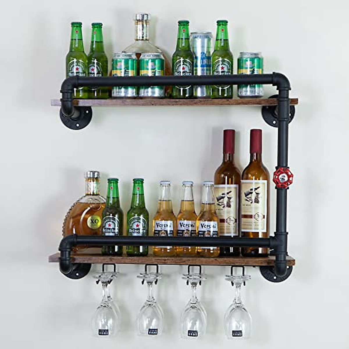 BOTAOYIYI Wine Rack Wall Mounted 2 Tier, Hanging Floating Small Mini Bar Liquor Shelves with Glass Holder Storage Under, Industrial Rustic Pipe Farmhouse Kitchen Decor Black(23.6x10.6x19.7)