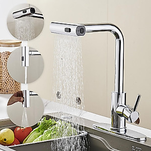 AVSIILE Kitchen Faucet with Pull Down Sprayer, Chrome Waterfall Touch Single Hole Stainless Steel Kitchen Sink Faucets, Commercial Modern Single Handle Faucets for Kitchen Sinks with Pull-down Sprayer