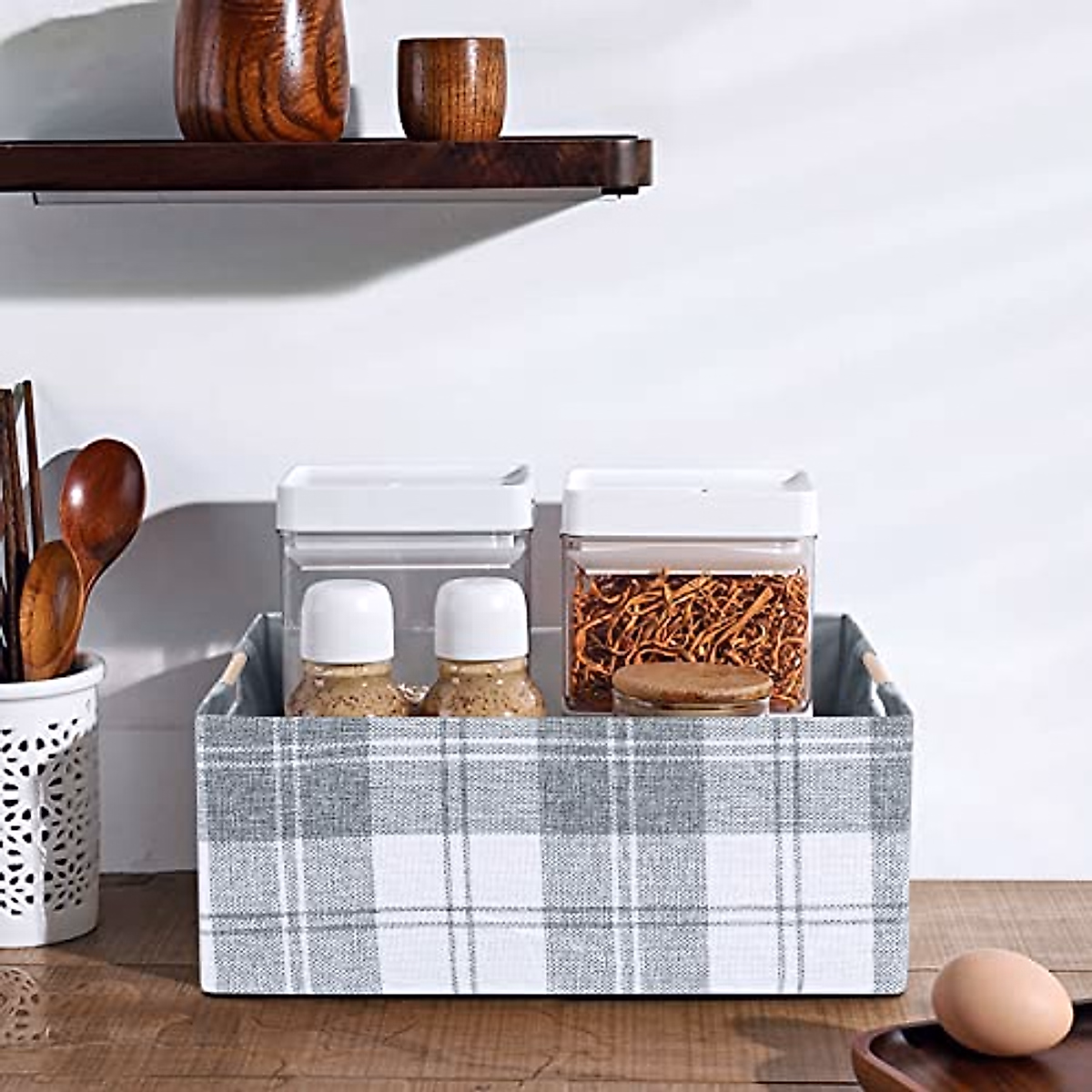 ANMINY 2PCS Storage Bins Set Foldable Cotton Linen Open Storage Baskets Box with Wood Handles Decorative Nursery Baby Kid Toy Clothes Towel Laundry Organizer Container - Small, Light Gray Plaid