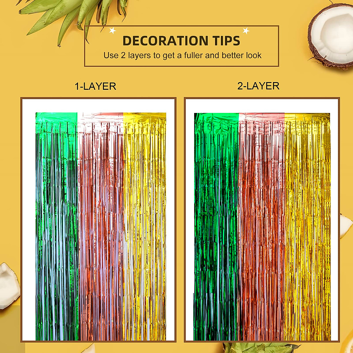 LOLStar Hawaiian Luau Party Decorations, 2 Packs of 3.3x6.6 ft Green Brown and Yellow Foil Fringe Curtains Tinsel Photo Booth Props, Streamer Backdrop for Hawaiian Tropical Party Decorations
