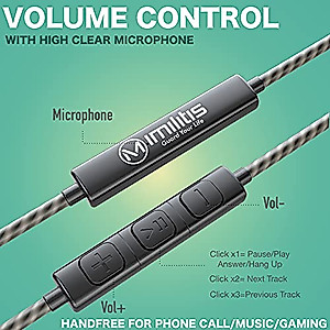 Wired Earbuds with Mic Tangle Free Cord 3.5mm Jack Metal Headphones with Volume Control Extra Bass Noise Cancelling Earphones for Gaming Music Video Apple iPhone iPad Laptop Computer PC Black