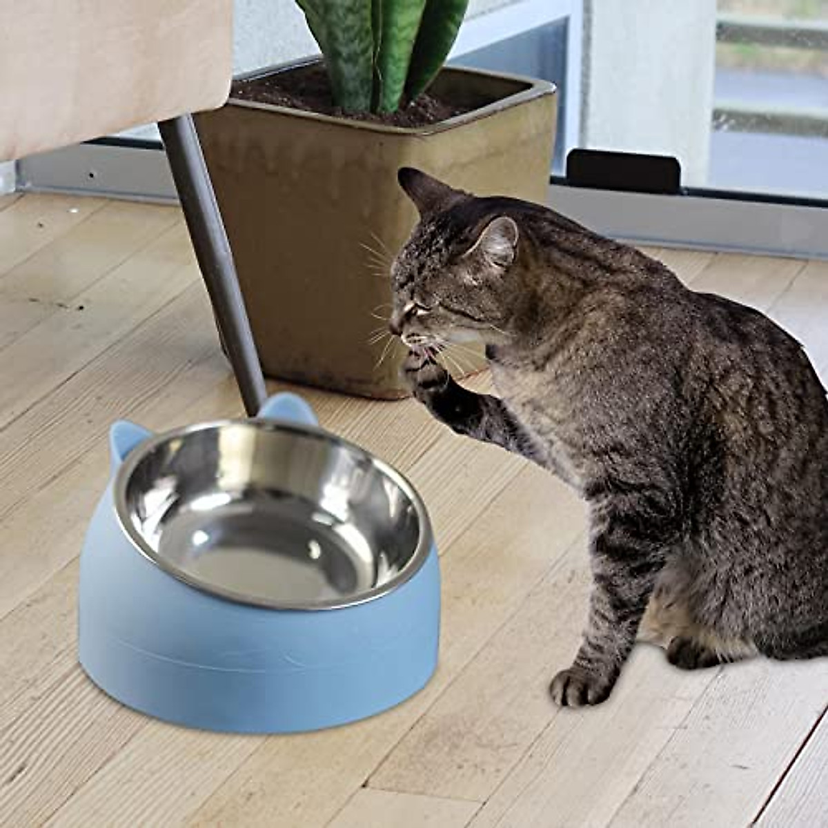 MagiDeal Pet Feeder 15° Raised Water Food Feeder Pet Supplies Tilted Elevated Non Slip Metal Single Bowl for Cat Dog for Indoor Cats Puppy Small Dogs, Blue