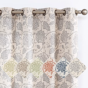 jinchan Floral Scroll Linen Curtains 84 inches Long Grey Window Curtains for Bedroom Grommet Light Filtering Farmhouse Drapes for Living Room Vintage Printed Window Treatments Set 2 Panels