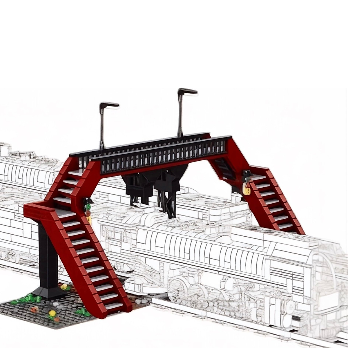 General Jim's Red Railway Crossing Modular Building Block Bricks Set, Contains 655 Brick Pieces, Base Plates Included, for Adults, Teens and Train Enthusiast