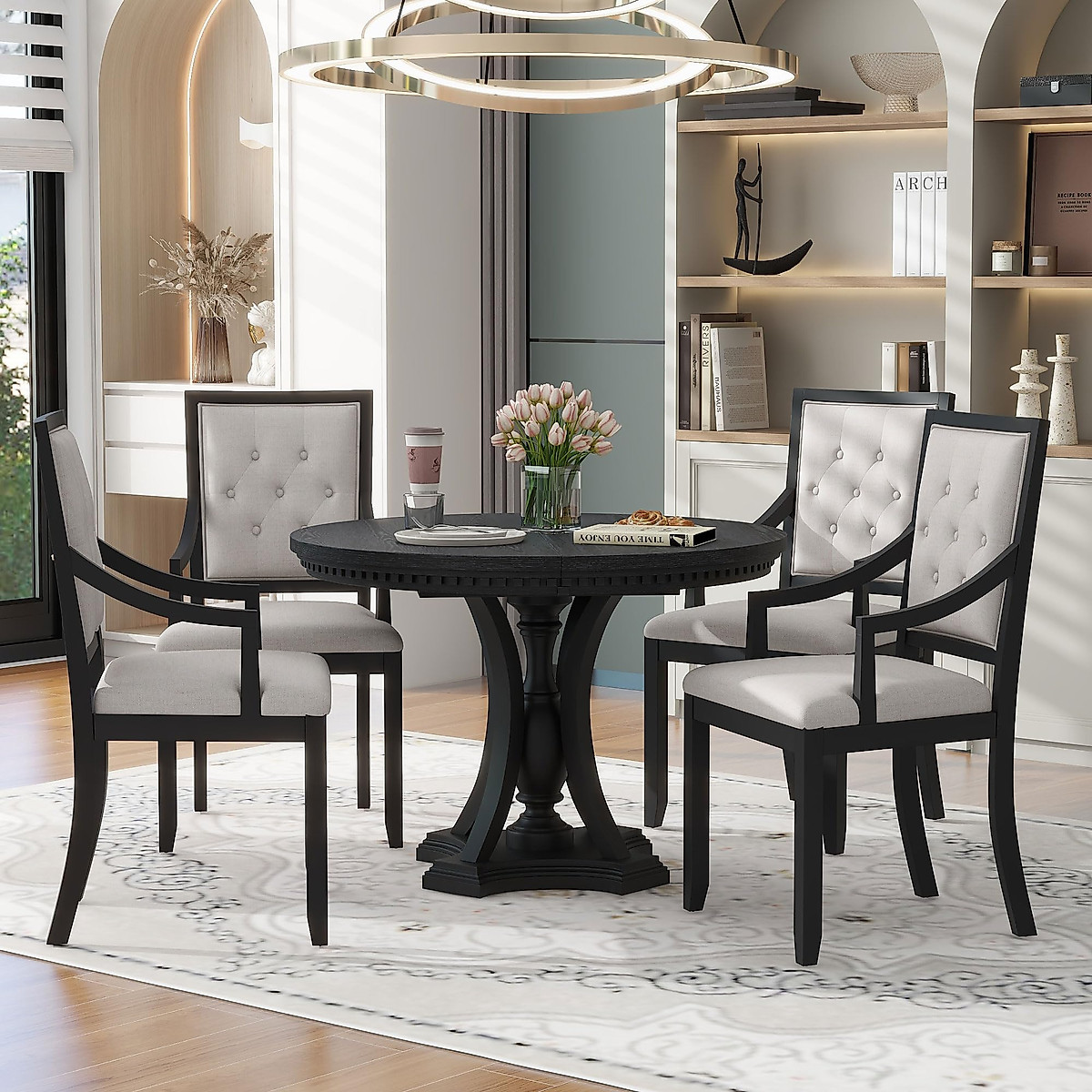 POCIYIHOME 5-Piece Set, Wood Two-Size Round to Oval Extendable Butterfly Leaf, 4 Upholstered Dining Armrest, Table/Chairs for 4 (Black Oak), 42~58" L x 42''W x 30''H