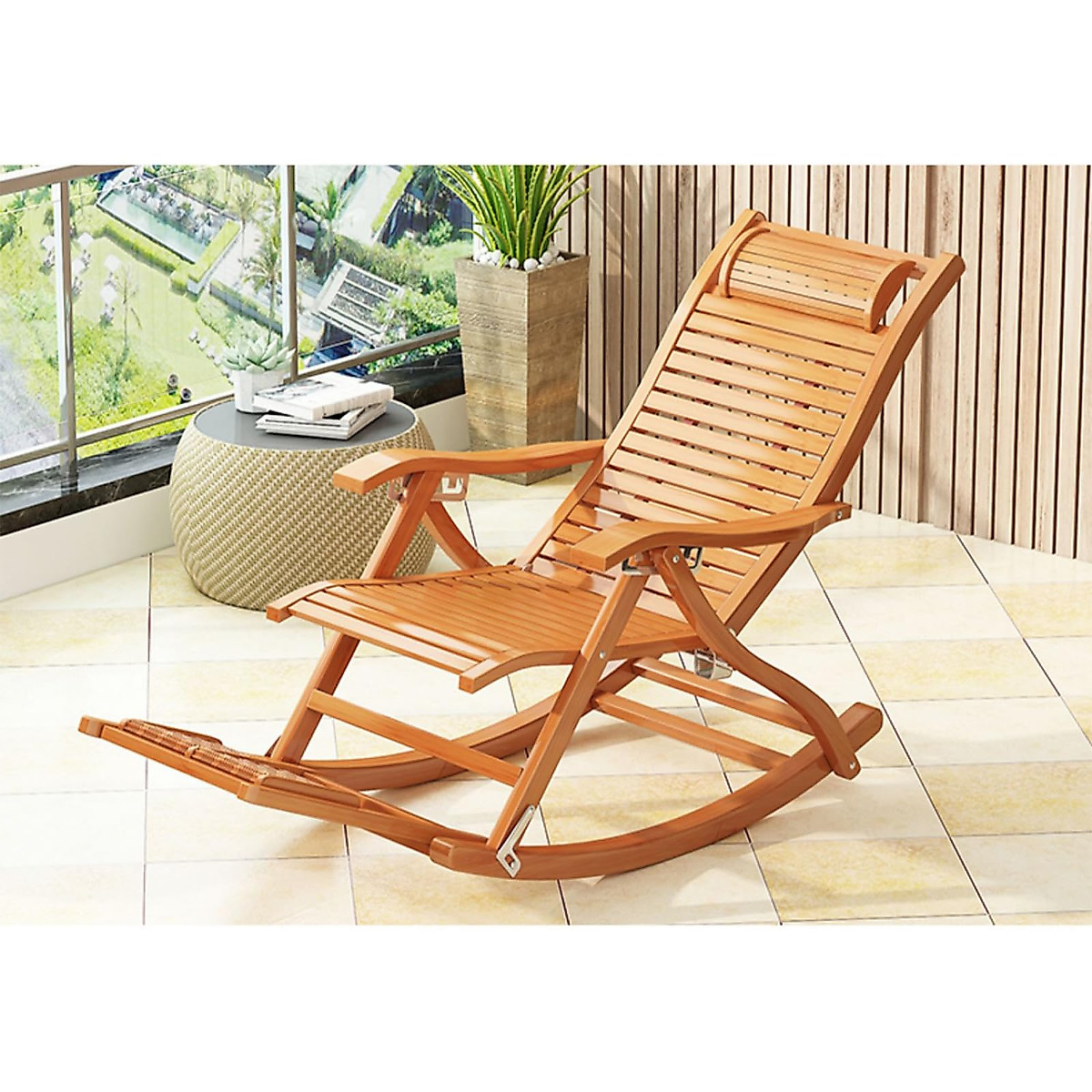 Foldable Recliner,Bamboo Lounge Chair,Foldable Rocking Chair,Garden Deck Chairs for Elderly,Outdoor Rocking Chair,Garden Chair,with Headrest Pillow and Foot Massage Board(Blue Purple)