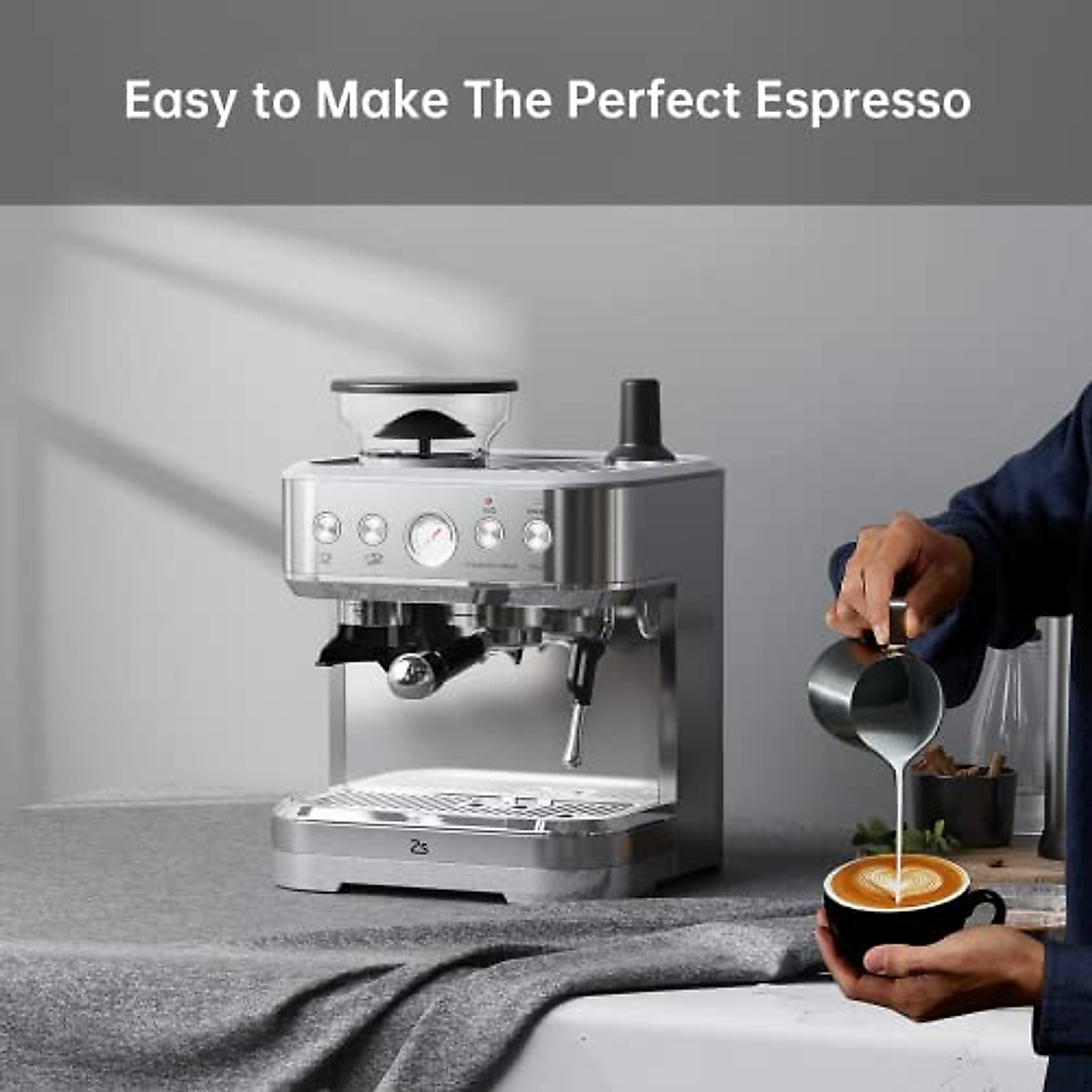 Zstar Espresso Machine with Milk Frother and Grinder, 15 Bar Automatic Espresso Coffee Machine All In One Coffee Maker with Italian ULKA Pump, 2.5L Water Tank, Brushed Stainless Steel for Home Office