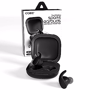 Coby Sports True Wireless Earbuds w/Secure-Fit Ear Tips | in-Ear Headphones Up to 12 Hours Play | Sweat-Resistant | Noise-Isolating | in-Ear Earbuds | Sports Earbuds, Bluetooth Earbuds (Black)
