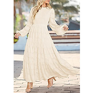 MITILLY Women's Elegant Floral Long Sleeve Round Neck Smocked A-Line Flowy Tiered Maxi Dress with Pockets Medium Apricot