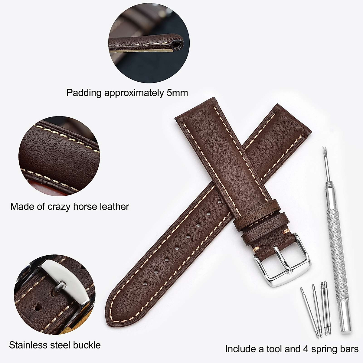 WOCCI 20mm Vintage Leather Watch Band for Men and Women, Silver Buckle (Dark Brown/Contrasting Stitch)