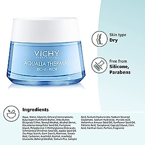 Vichy Aqualia Thermal Rich Face Cream Moisturizer for Dry and Extra-Dry Skin, Facial Moisturizer with Hydrating Natural Origin Hyaluronic Acid, Soothe and Moisturize, Paraben-Free