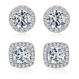 18K White Gold Plated Stud Earrings Round Square Cut Cubic Zirconia Halo Earrings for Women Men Sensitive Ears (2 Pairs)