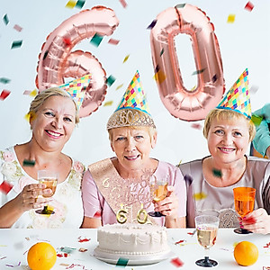 60th Birthday Gifts Decorations for Women - 60 Birthday Cake Topper, Balloons, Queen Sash, Crown and Candle Set, Rose Gold