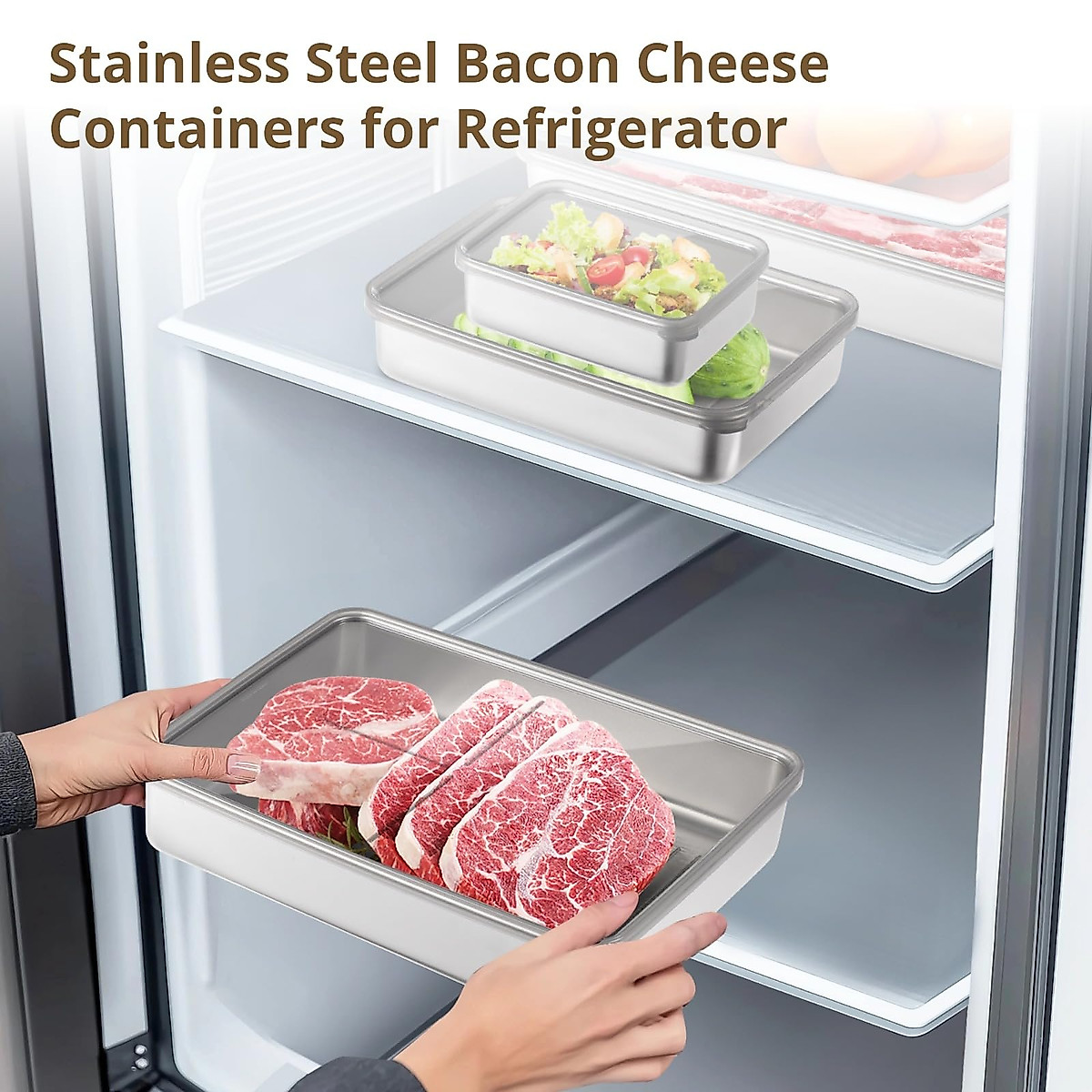 OMISTAR 6PCS Bacon Cheese Containers, 4 Sizes Stainless Steel Airtight Meat Containers, Dishwasher Safe Fridge Storage Containers for Fruit Lunch Storage with Lids Tongs