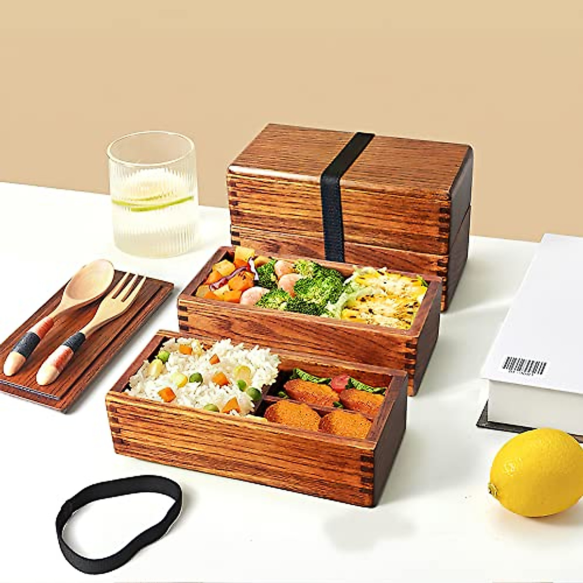 Wood Bento Box, Lunch boxes, Japanese Traditional Natural Square Wooden Lunch Containers Women's Men's Adult Wood Bento Box with Spoon Fork kit