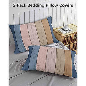 Edwiinsa Blue Pink Ombre Pillow Covers Standard Size Set of 2 20x26 Bed Pillow, Farmhouse Brown Wooden Striped Plush Soft Comfort for Hair/Skin Cooling Pillowcases with Envelop Closure
