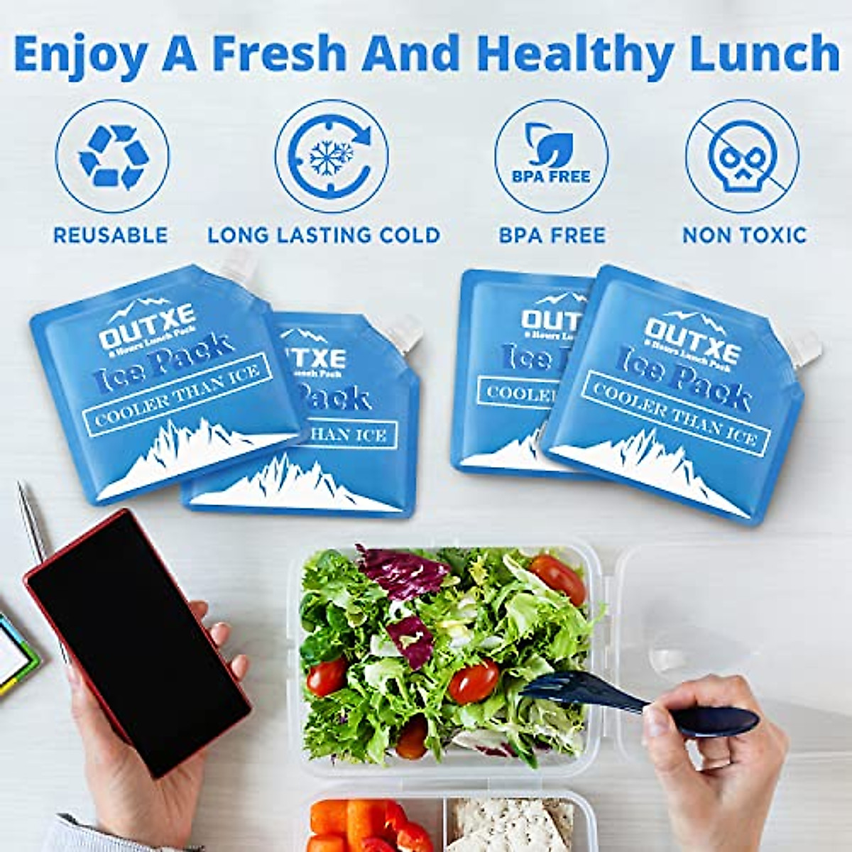 OUTXE Ice Packs for Lunch Bag 6 Pack, Reusable Long-Lasting Freezer Packs for Lunch Box, Keep Food Fresh and Cold in Lunch Boxes, Lunch Bags and Breastmilk Bags - 6 Pack