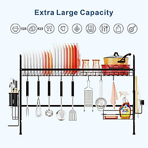 iSPECLE Over The Sink Dish Drying Rack Large Stainless Steel Dish Rack Shelf Over Sink for Kitchen Space Saver, Black