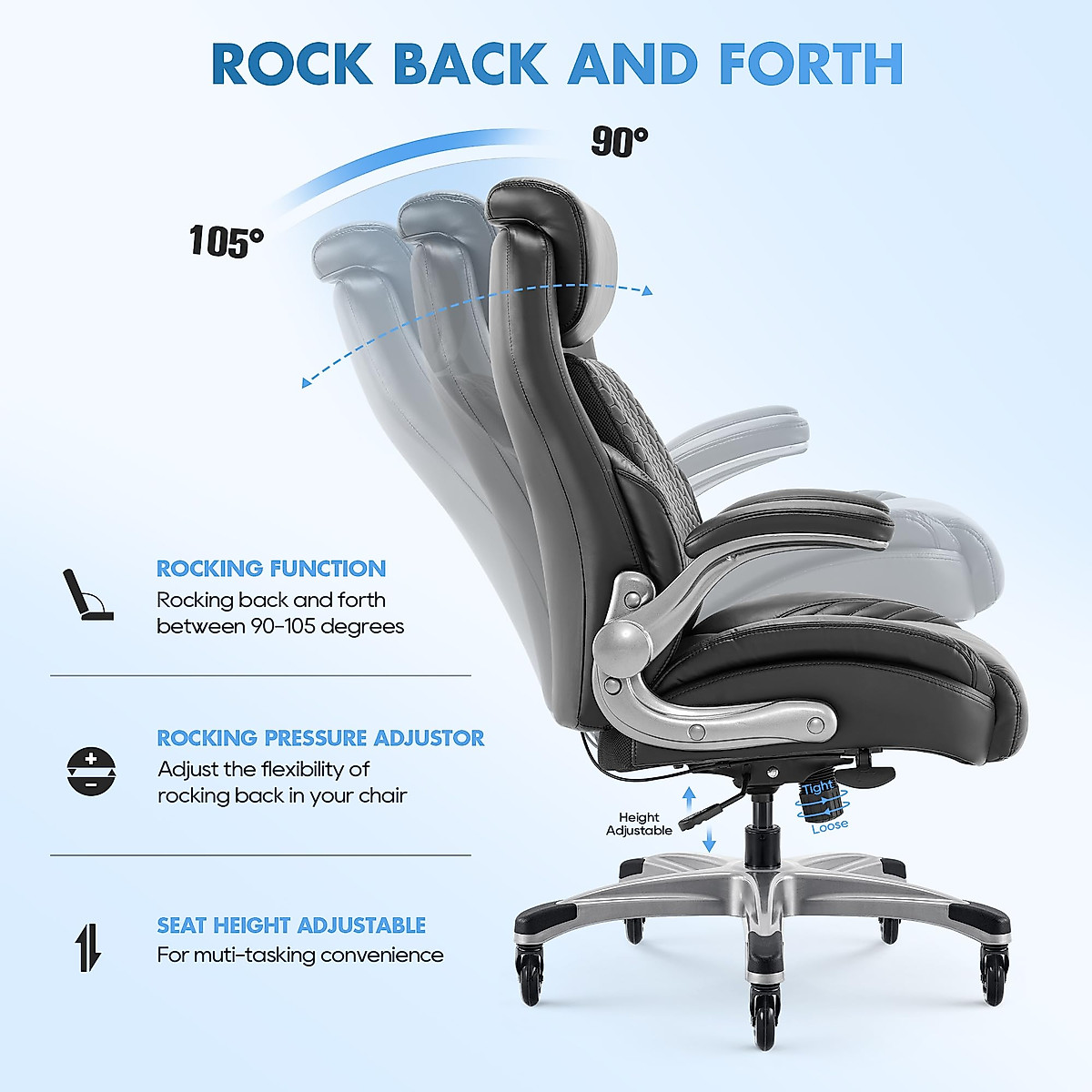 Office Chair Ergonomic Desk Chair with Pop-Out Lumbar Support, High Back Executive Chair, Upgraded Casters, Adjustable Headrest, Flip-Up Arms, Leather Home Chair with Thick Cushion for Comfort-Black