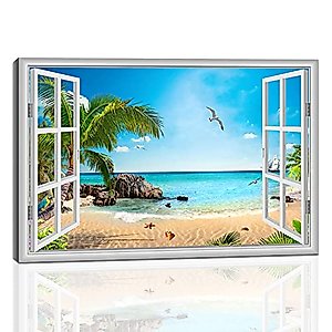 Large Beach Pictures Wall Art Canvas Print Artwork Blue Ocean Palm Tree Seascape Decor Living Room Bedroom Office with Framed 24 x36