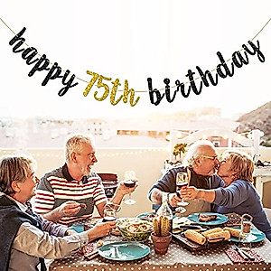 INNORU Happy 75th Birthday Banner, Black Glitter Cheers to 75 Years Party Bunting Decorations
