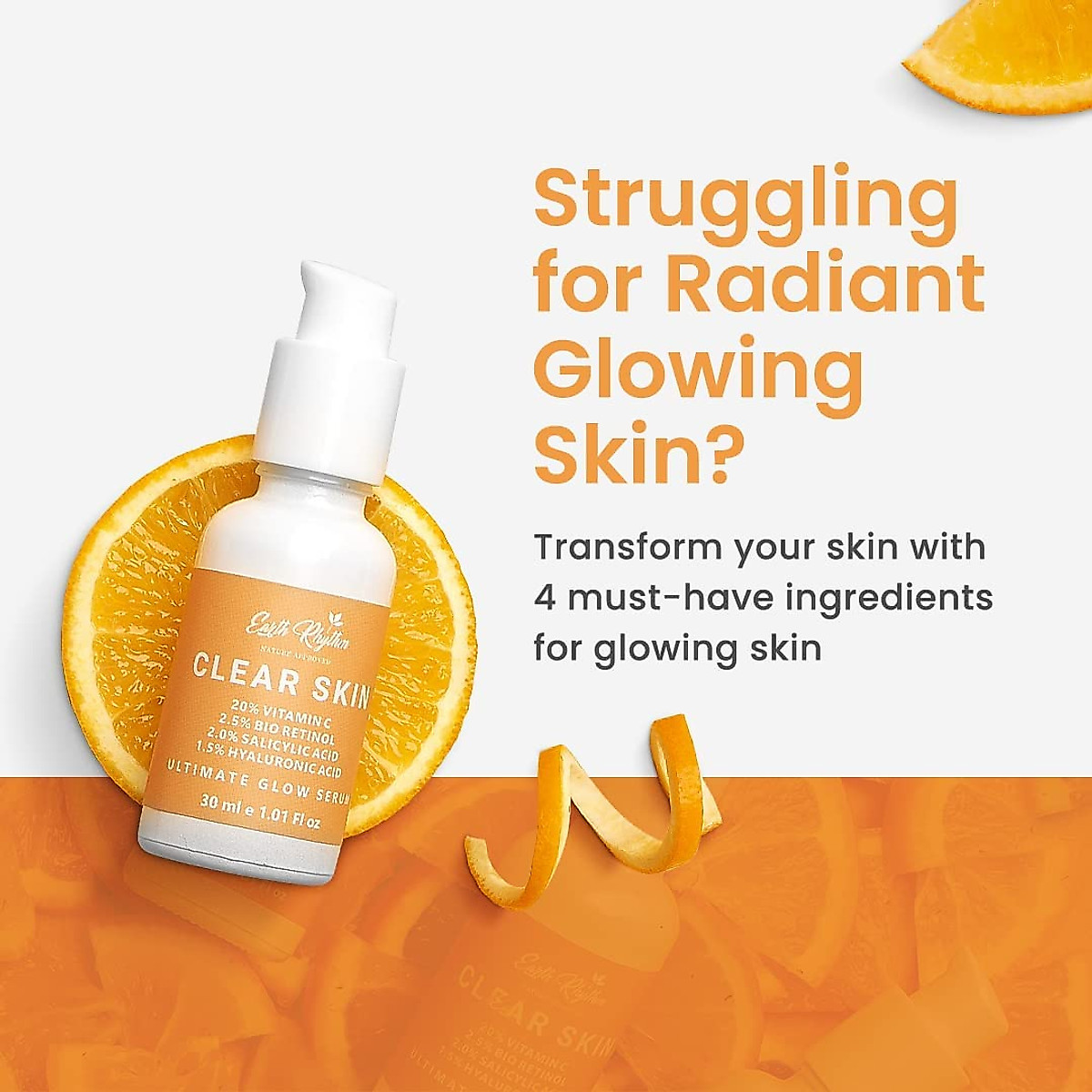 Glovy Rhythm 20% Vitamin C Serum for Glowing & Clear skin with Hyaluronic & Salicylic Acid| Hydrates Moisturizes & Brightens | Suitable for Oily Sensitive & Acne Prone Skin| Men & Women - 30 ml