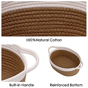 MJIAYWIN Small Woven Basket Cotton Rope Organizer Room Storage Bins Empty Gift Basket with Handles Cute Nursery Room for Home, Kids Playroom, Bedroom Brown 12"x 8" x 5"