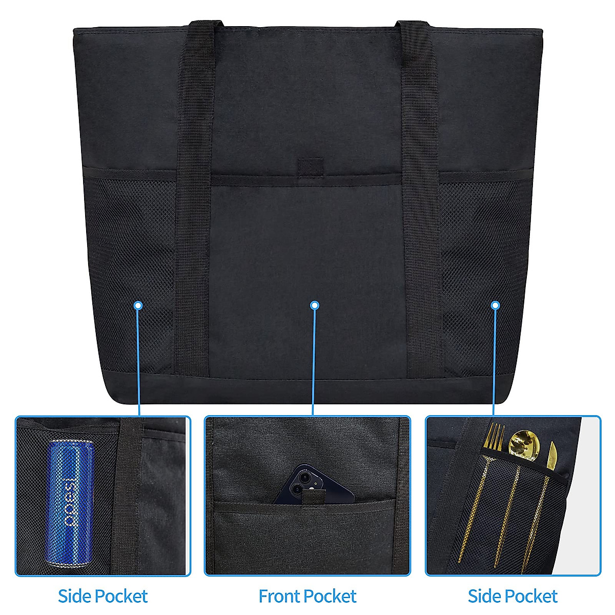 Bsfming Large Insulated Cooler Bag with Removable Liner, 20"L x 16"H x 8"W, Black