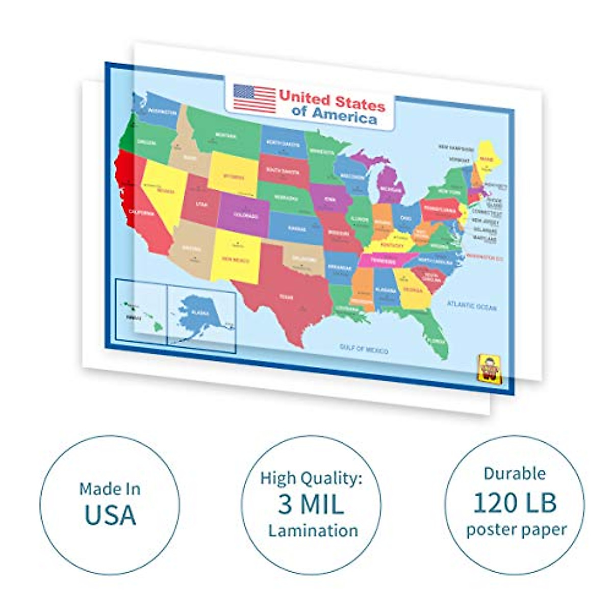 Laminated US Map Poster | Educational & Waterproof - 18x24"
